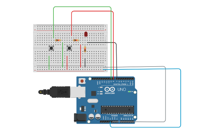 Circuit design two buttons to control light on/off | Tinkercad
