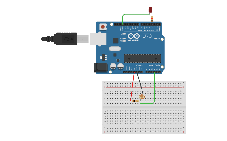 Circuit design Light Dependent Resistor controls LED light - Tinkercad