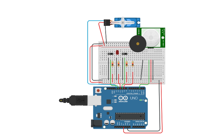 Circuit design sensor PIR y servomotor - Tinkercad Circuit design sensor PIR y servomotor - Tinkercad