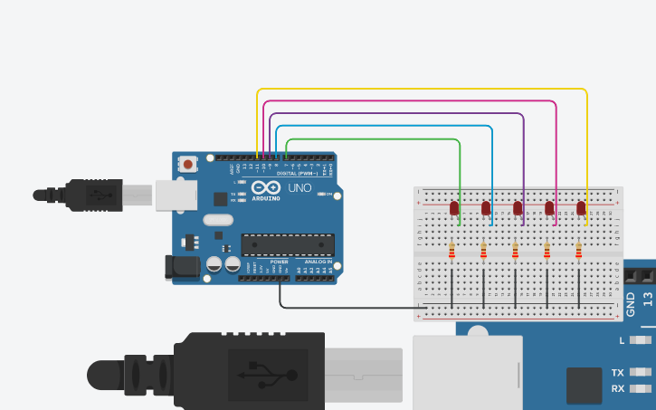 Circuit Design Ejercicio 3 Luz Avanza Por 5 Leds 1 Tinkercad