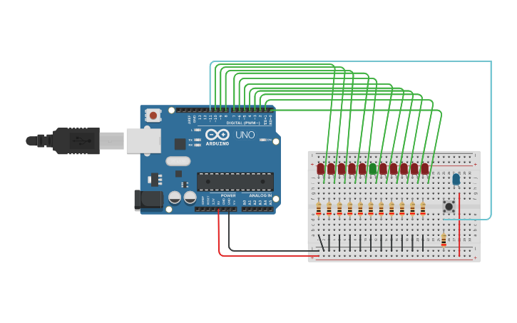 Circuit design Arduino Básico-Seq. de LEDS V1(for) - Tinkercad