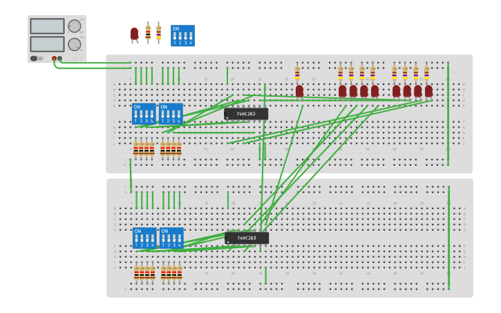 Circuit design 8-bit 74HC283 Adder - Tinkercad