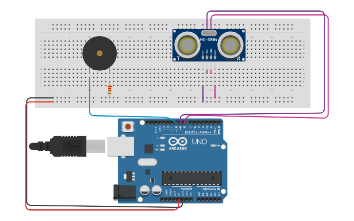 Circuit design Sensor ultrasonico y buzzer profesor - Tinkercad