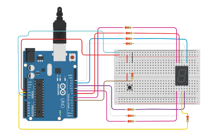 Circuit Design Arduino Boton Display 7 Segmentos Tinkercad