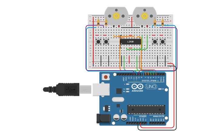 Circuit design Dos motores con boton - Tinkercad