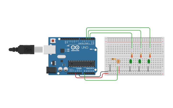 Circuit design EX 14) SENSOR DE LUMINOSIDADE (LDR) | Tinkercad