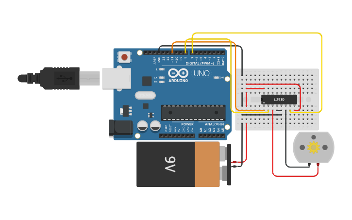 Circuit design Movimiento Motor L293D | Tinkercad