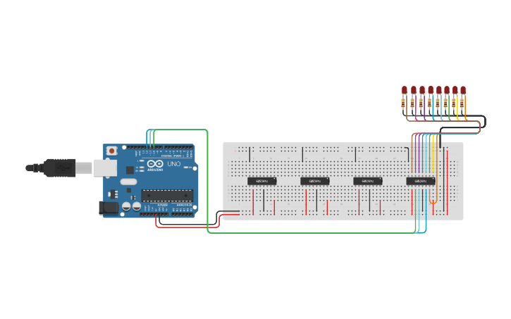 Circuit design Lab 06 74HC595 8x LEDs PNP - Tinkercad