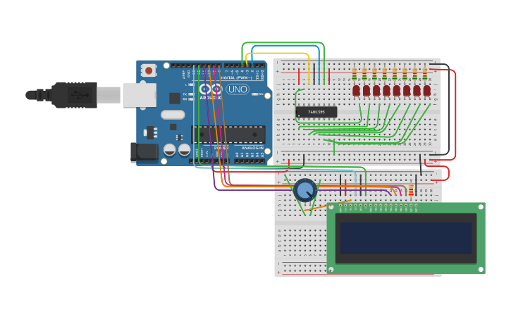 Circuit design Registro de Corrimiento con Entrada Arduino y Salida LCD | Tinkercad
