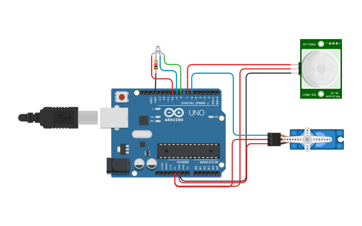 Circuit design servo con sensor de proximidad - Tinkercad