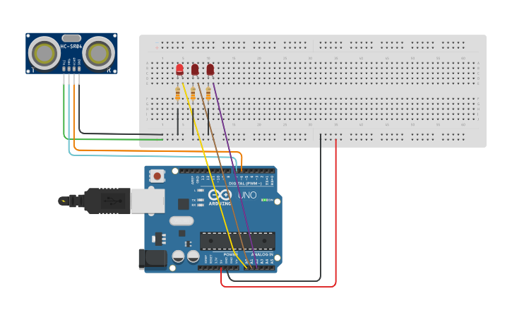 Circuit design Sensor ultrasonico 3 led - Tinkercad