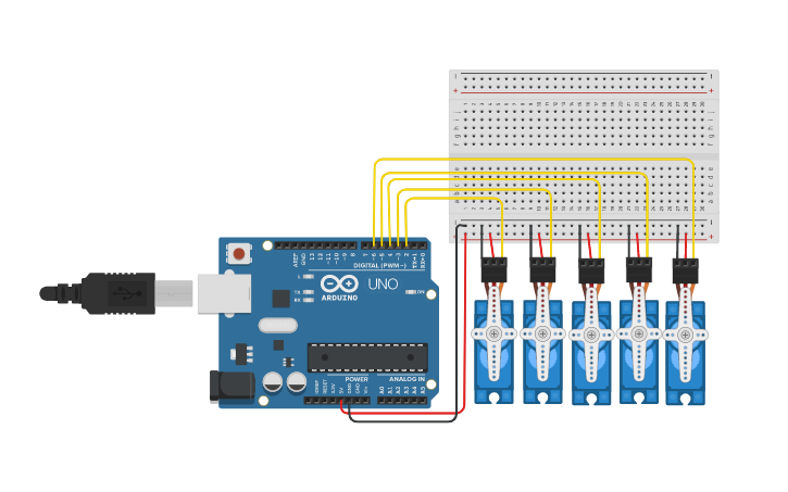 Circuit design Rotating 5 servo motor | Tinkercad