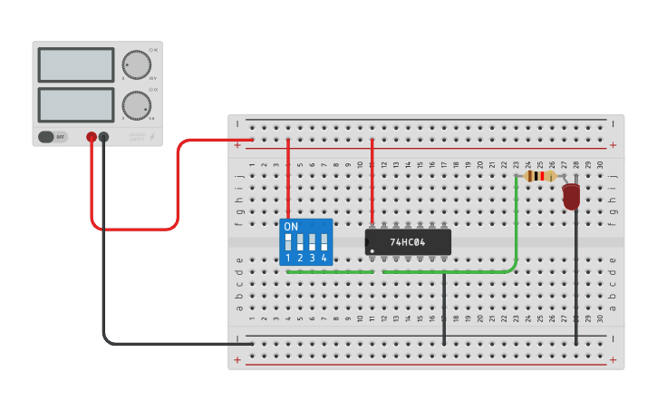 Circuit design NOT gate simulation using 74HC04 - Tinkercad