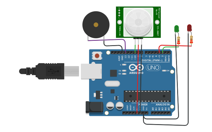Circuit Design Pır Sensör Ile Sesli Ve Işıklı Alarm Sistemi Tinkercad