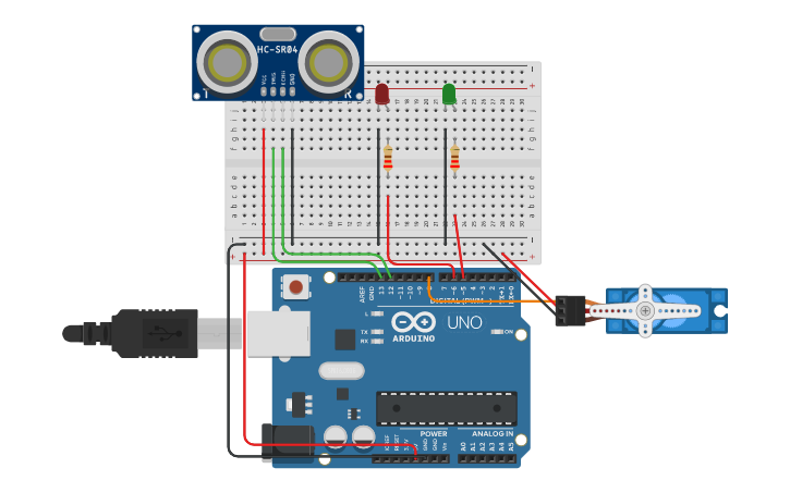 Circuit design Ergasia_6.4-Arduino_Ultrasonic_Servo_3LED - Tinkercad