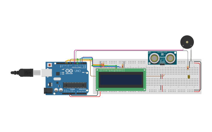 Circuit design lcd con sensor, led y sonido - Tinkercad
