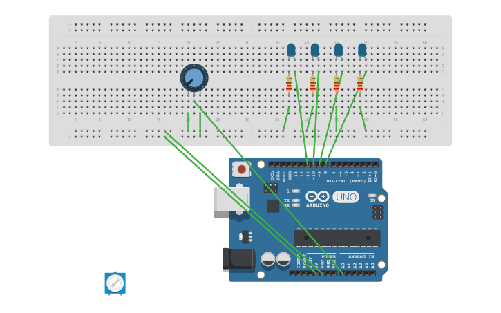Circuit design Treball 3: leds amb potenciometre | Tinkercad