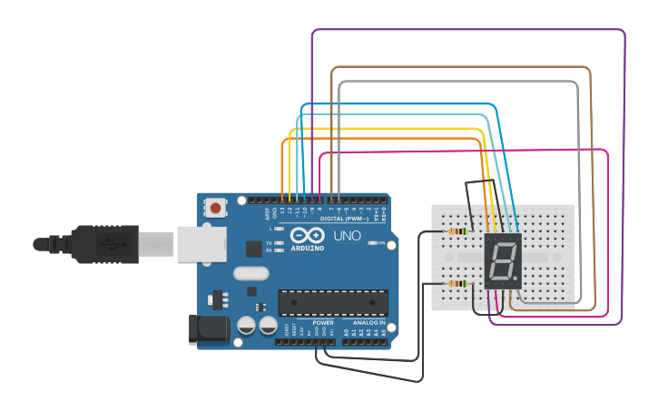 Circuit design 7 segment led - Tinkercad