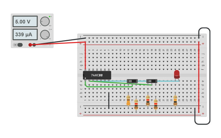 Circuit design NAND 74HC00 - Tinkercad