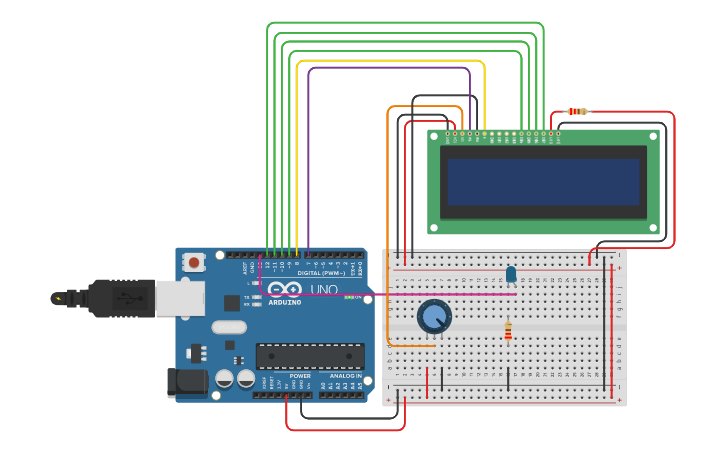 Circuit design Display LCD 16 x 2 y led - Tinkercad