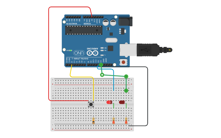 Circuit design pulsador con dos leds intermitentes - Tinkercad