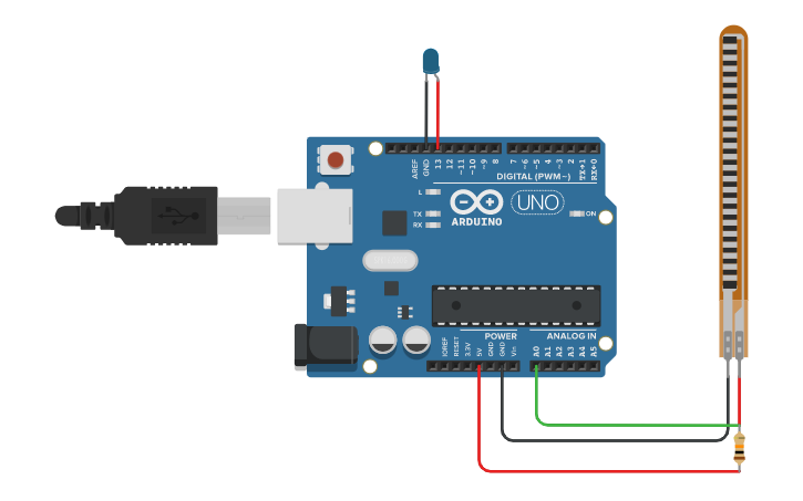 Circuit design Flex sensor with led - Tinkercad
