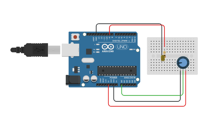Circuit design Potentiometer LED Brightness control - Tinkercad