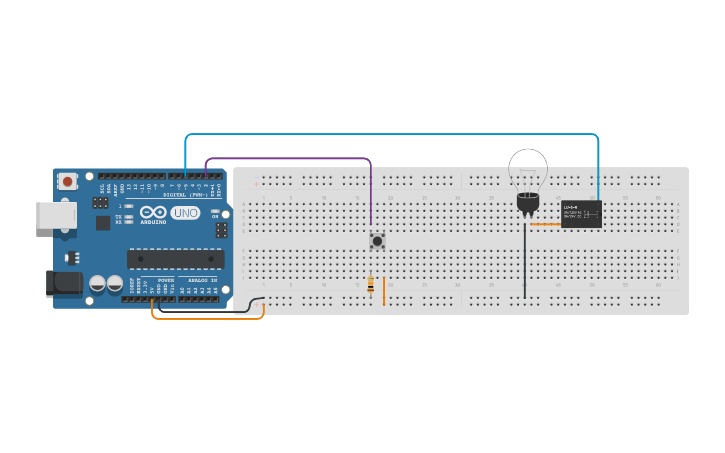 Circuit design RÖLE İLE BUTON KONTROLLÜ AMPUL YAKMA DEVRESİ - Tinkercad