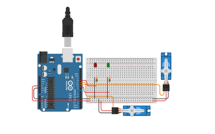 Circuit design Ejercicio 6: Arduino + 2 Servo + 2 LEDs - Tinkercad Circuit design Ejercicio 6: Arduino + 2 Servo + 2 LEDs - Tinkercad