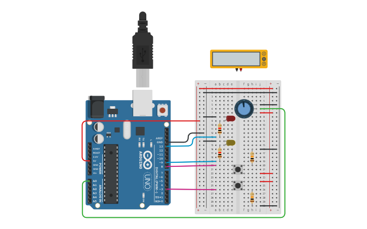 Circuit design 2 Buttons + 1 Potentiometer + 2 LEDs | Tinkercad Circuit design 2 Buttons + 1 Potentiometer + 2 LEDs | Tinkercad
