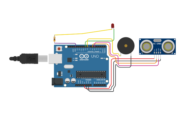 Circuit design Ultrasonic Sensor with led and buzzer | Tinkercad