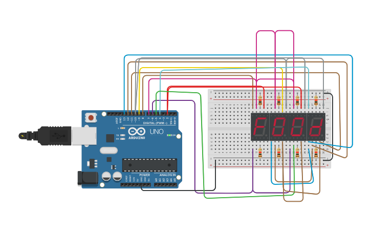 Circuit design Copy of Copy of 4 7-SEGMENT DISPLAY - Tinkercad