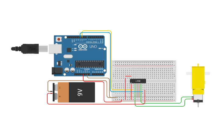 Circuit design hobby gearmotor to Arduino via L293D chip - Tinkercad Circuit design hobby gearmotor to Arduino via L293D chip - Tinkercad