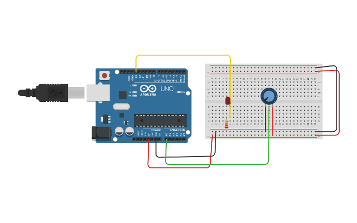 Circuit design Controlling LED blink speed using potentiometer - Tinkercad
