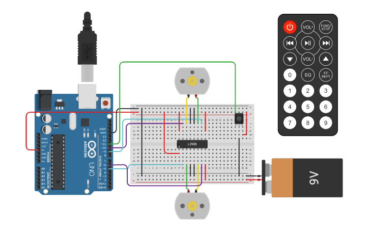 Circuit design Motor CD con control IR - Tinkercad