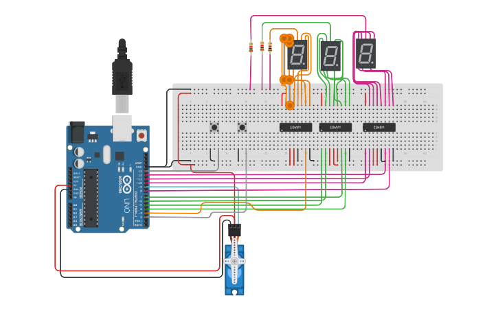 Circuit design 7Seg_Servomotor | Tinkercad