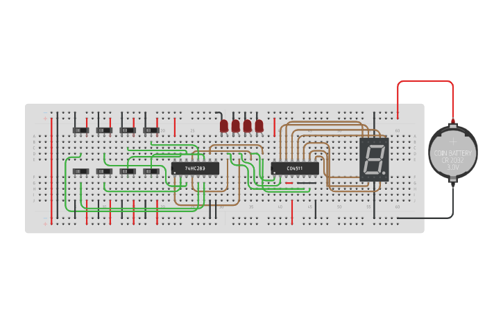 Circuit design Activity#6&7-4-BIT ADDER WITH 7-SEGMENT - Tinkercad