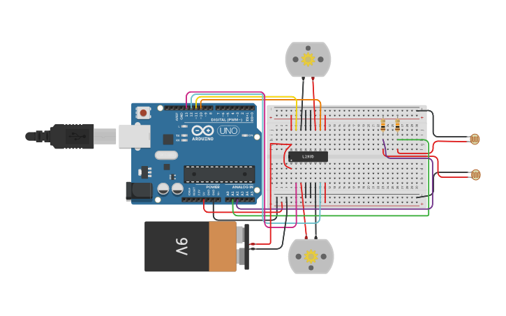 Circuit design Robot Seguidor De Luz Con Arduino Y Tinkercad - Tinkercad