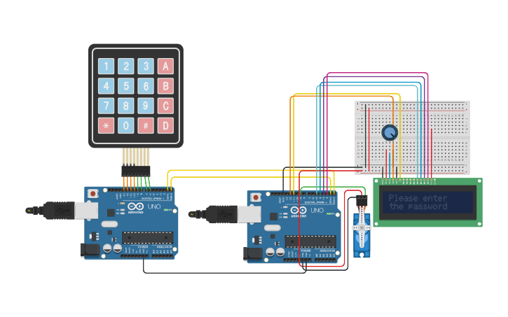 Circuit design Basic Door Lock System Using Two Arduinos - Tinkercad Circuit design Basic Door Lock System Using Two Arduinos - Tinkercad