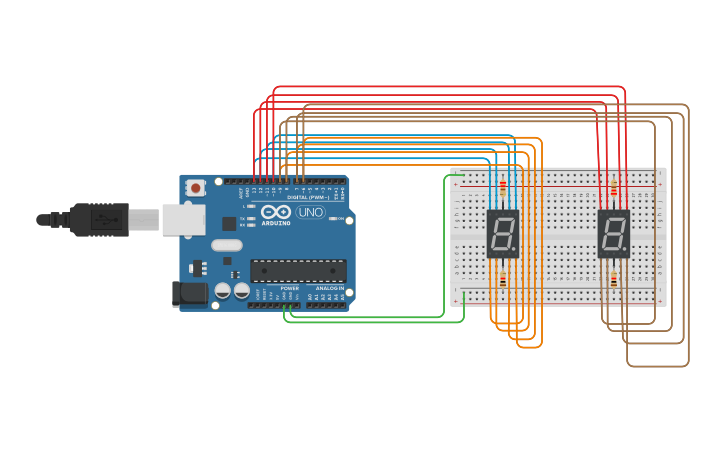 Circuit design two 7-segment LED display - Tinkercad