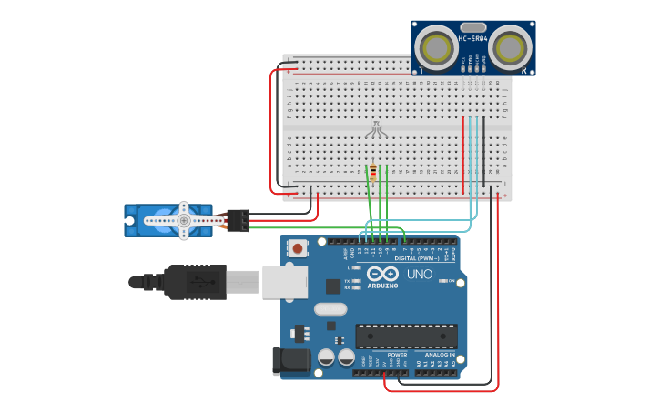 Circuit design Ultrasonic Sensor - Servo - RGB - Tinkercad