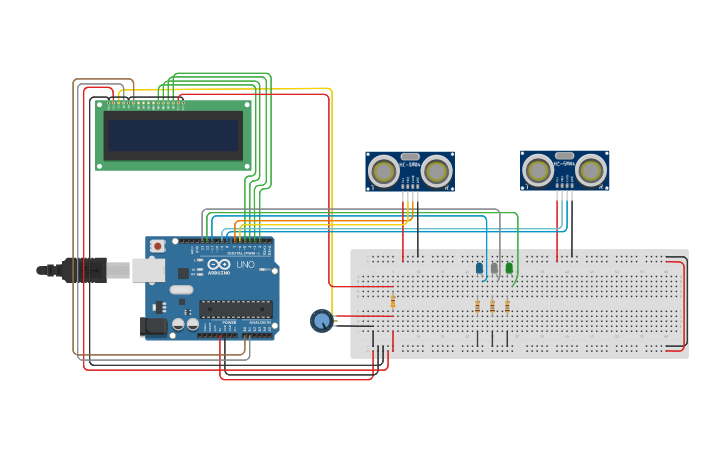 Circuit design 2 Ultrasonic LCD | Tinkercad