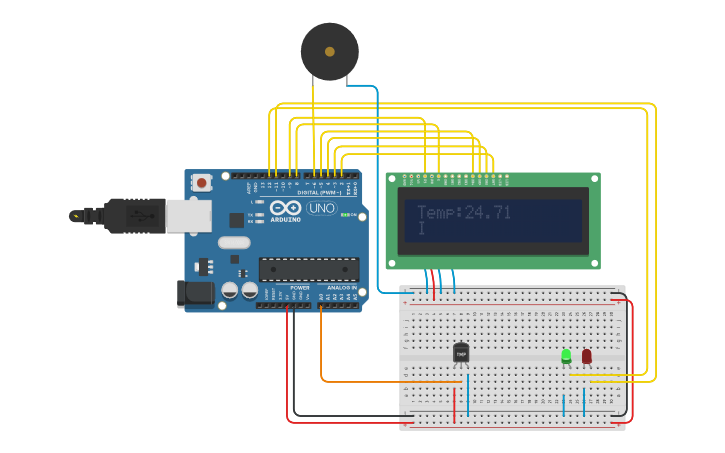 Circuit design Copy of Датчик температуры с сигнализацией - Tinkercad