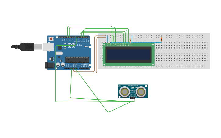 Circuit design LCD y sensor ultrasonico - Tinkercad