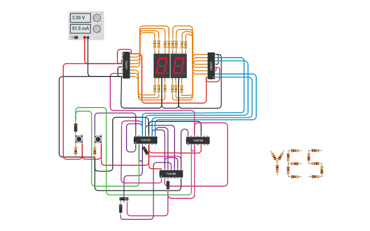 Circuit design Dual-mode counter (Mod6/11) 74HC93 - Tinkercad
