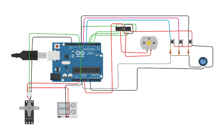 Circuit design project motor DC whith servo - Tinkercad