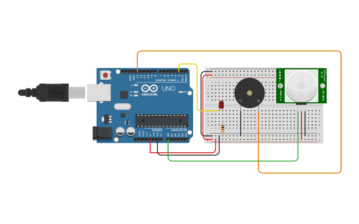 Circuit design Sensor PIR + Buzzer + Led - Tinkercad