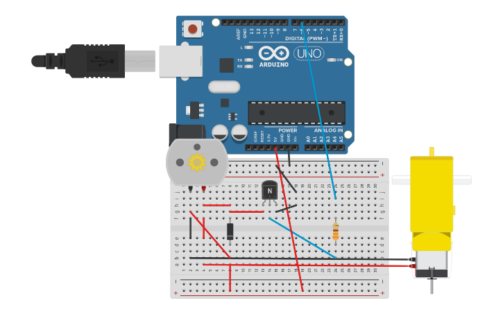 Circuit design Práctica 6 motores con transistor - Tinkercad