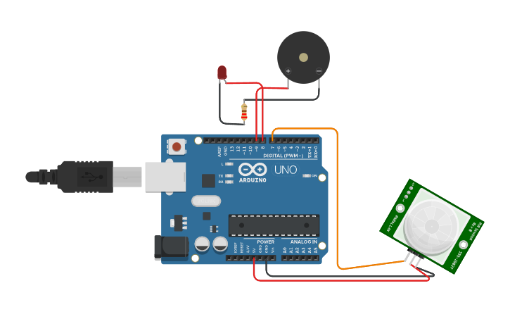 Circuit design Motion Detector Security System | Tinkercad