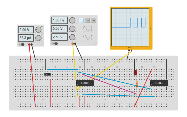 Circuit design D FF using JK FF | Tinkercad